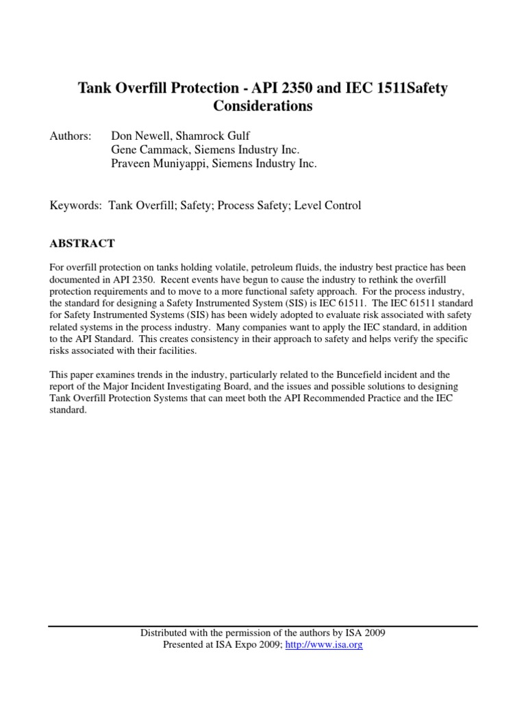 Tank Overfill Protection - API 2350 and IEC 1511safety Considerations | PDF
