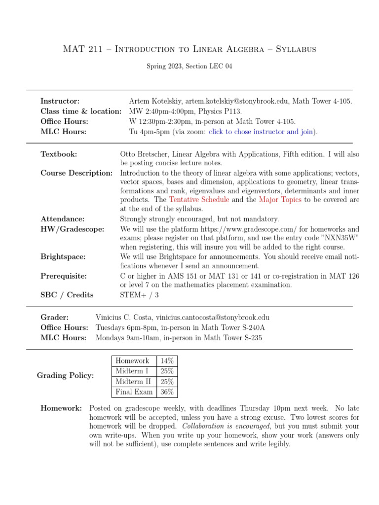 MAT211 Syllabus Spring2023 | PDF | Matrix (Mathematics) | Matrix Theory