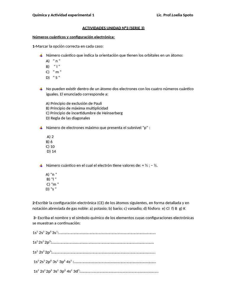 Actividades Unidad N3 Serie 3 | PDF | Configuración electronica | Átomos