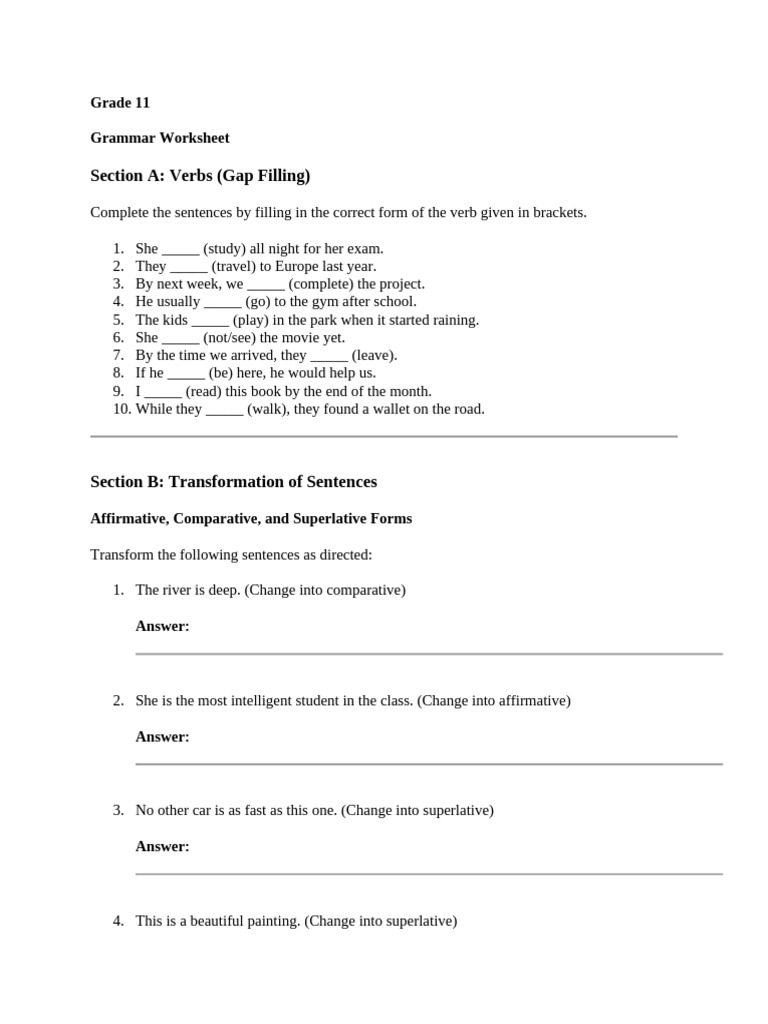 Grade 11 Grammar Worksheet | PDF | Linguistic Morphology | Language ...