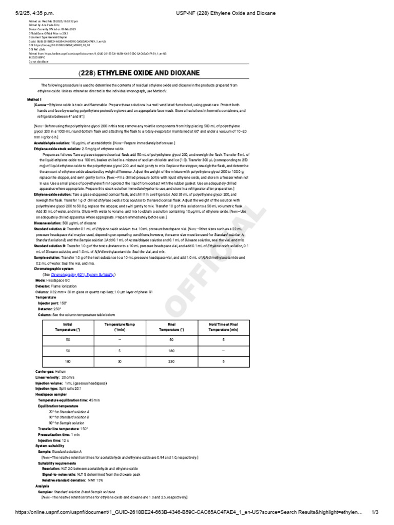USP-NF 228 Ethylene Oxide and Dioxane | PDF | Gas Chromatography | Chromatography