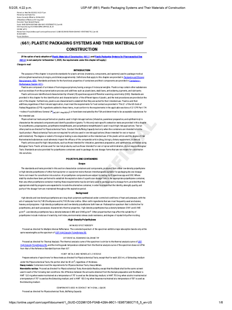 USP-NF 661 Plastic Packaging Systems and Their Materials of ...