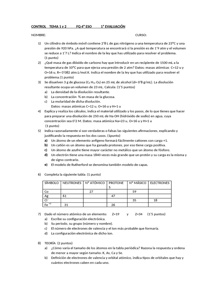 24-25 Control Tema 1 y 2 FQ 4º Eso 1 Evaluación | PDF | Valencia (Química) | Tabla periódica