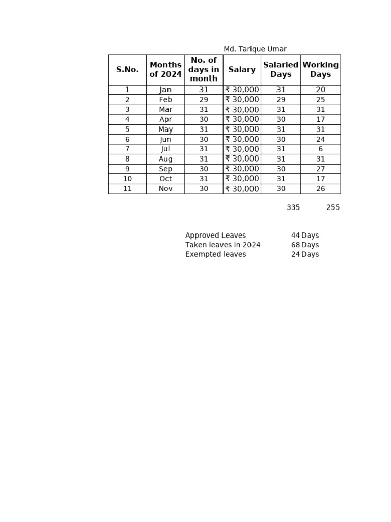 Monthly Salary and Leave Summary | PDF