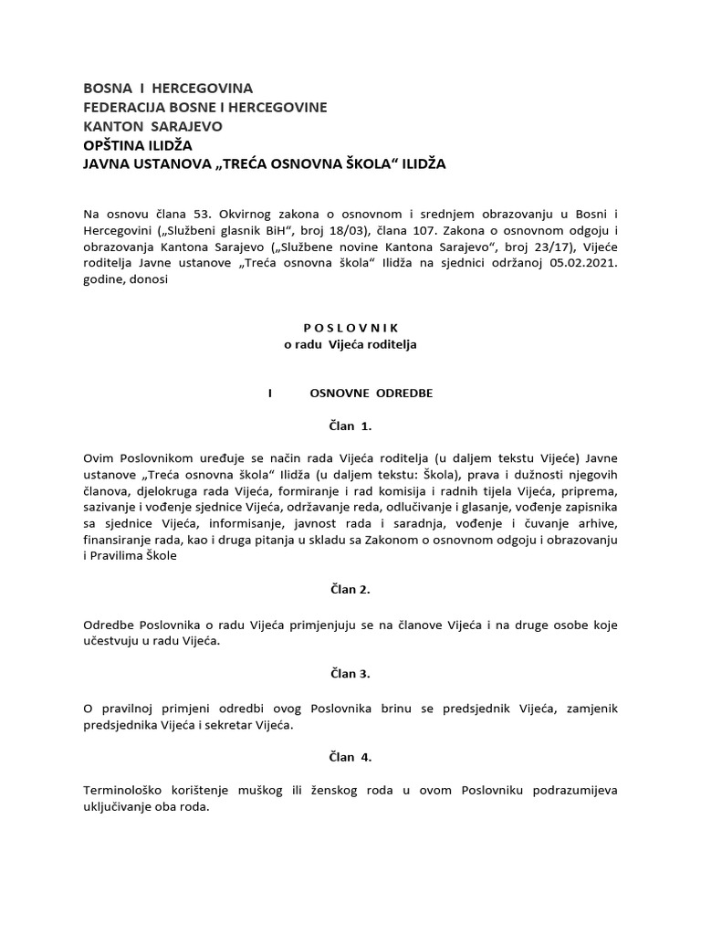Poslovnik o Radu Vijecu Roditelja Sarajevo | PDF