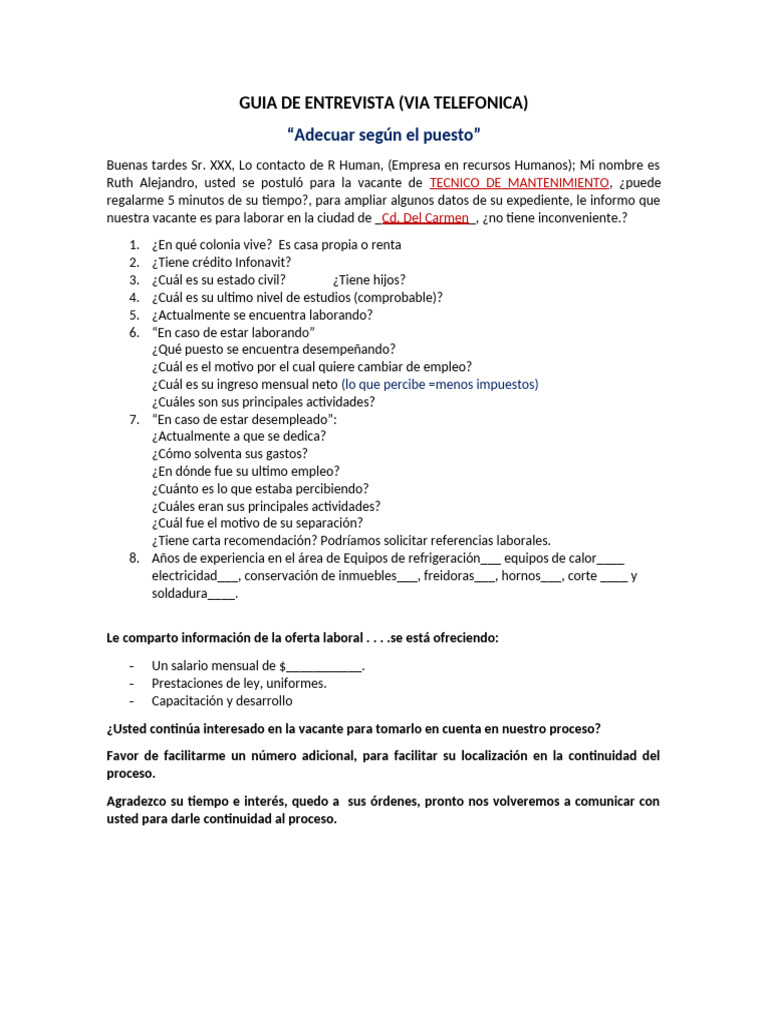 RH - RS101 GUIA DE ENTREVISTA - Via Telefonica | PDF