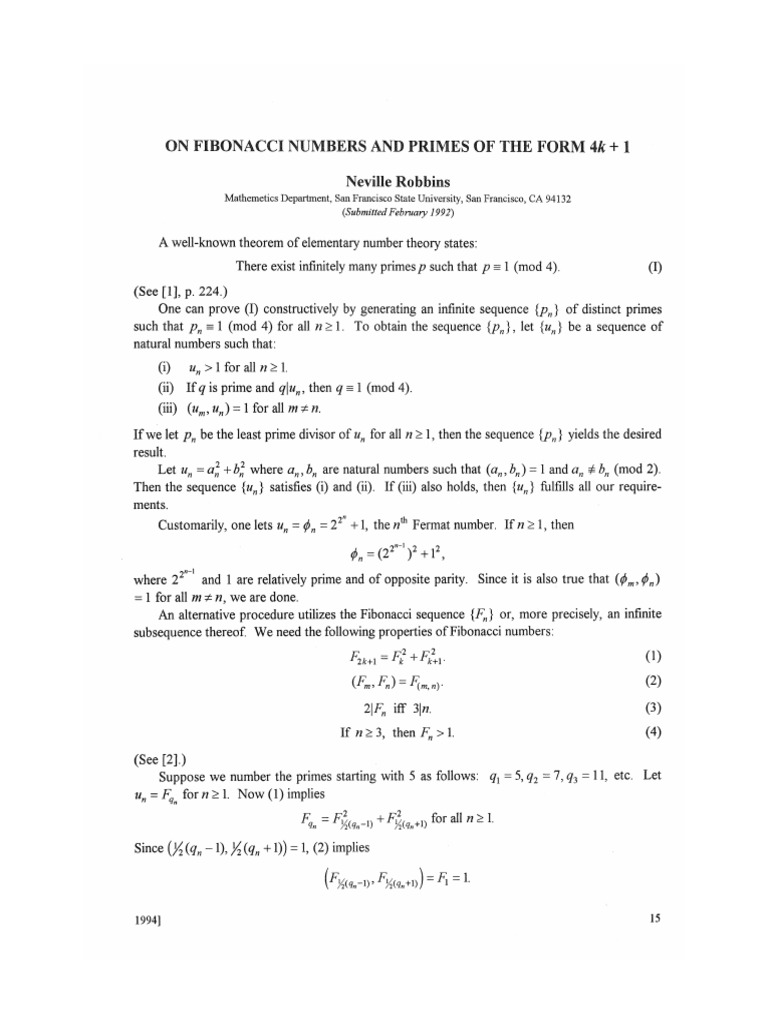 ON FIBONACCI NUMBERS AND PRIMES OF THE FORM (1) | PDF | Prime Number | Sequence