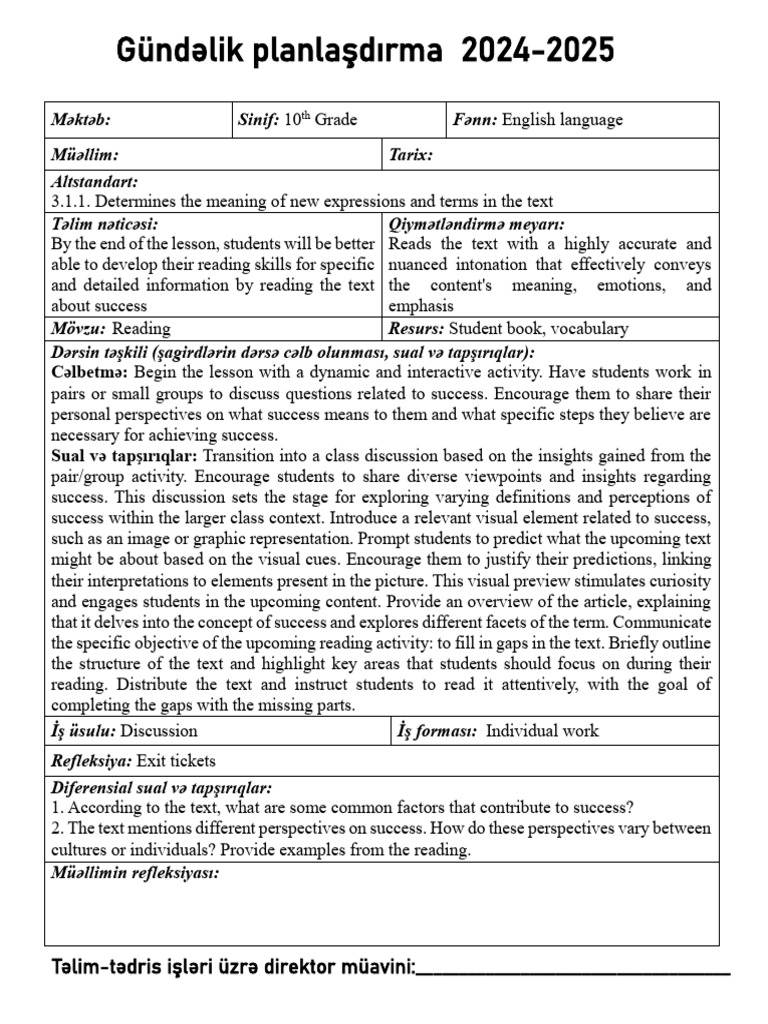 10th Grade English Lesson Plan: Reading & Grammar | PDF | Reading ...