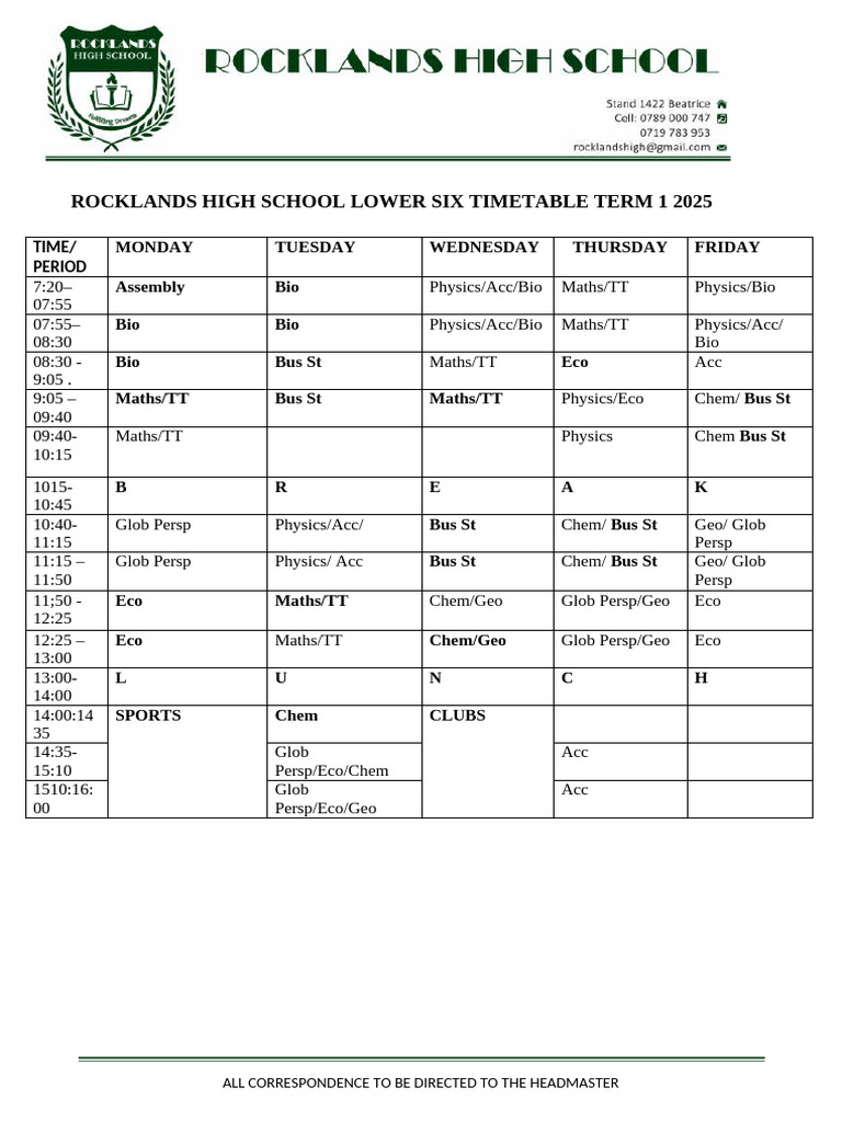Rhs Timetable Form 5 2025 Term 1-1 | PDF
