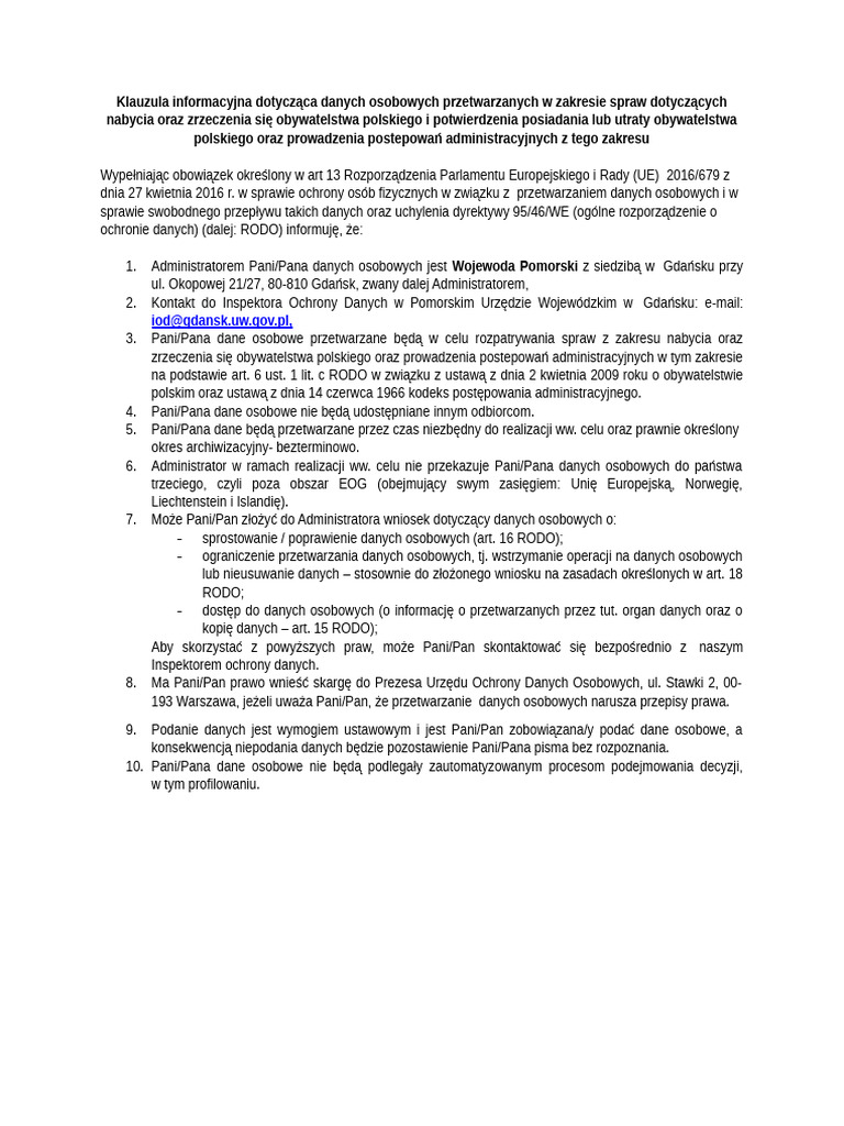 Klauzula RODO Nabycie I Zrzeczenie Się Obywatelstfwa Polskiego | PDF