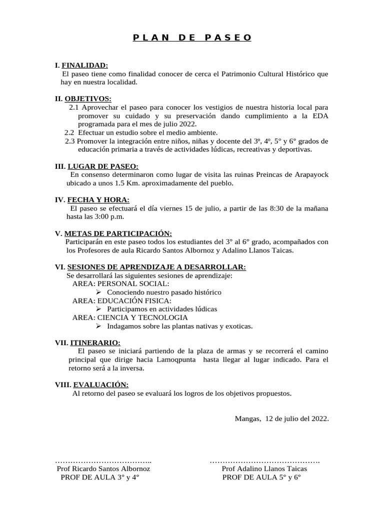 Plan de Paseo 2022 | PDF | Aprendizaje