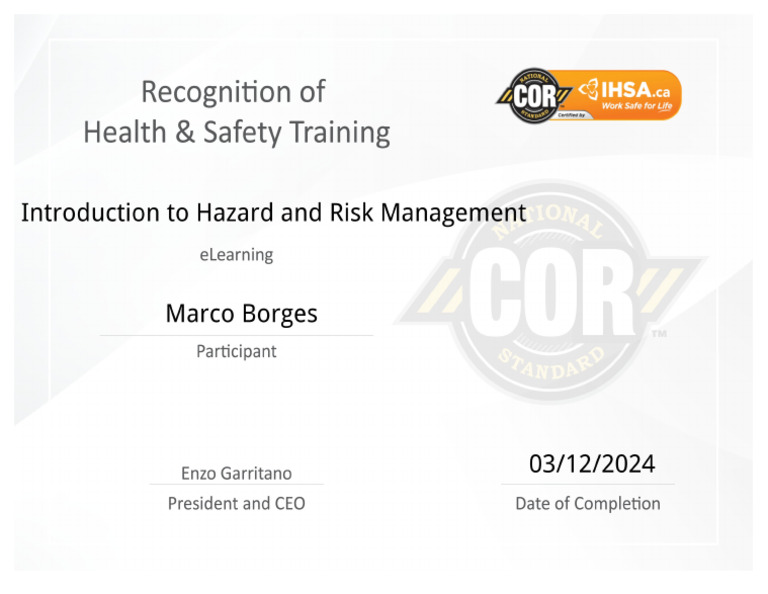 COR Certificate Intro To Hazard and Risk Management | PDF