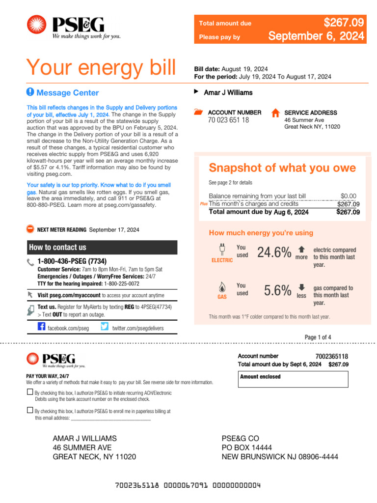 PSE&G Energy Bill Summary for August 2024 | PDF | Fee | Credit Card