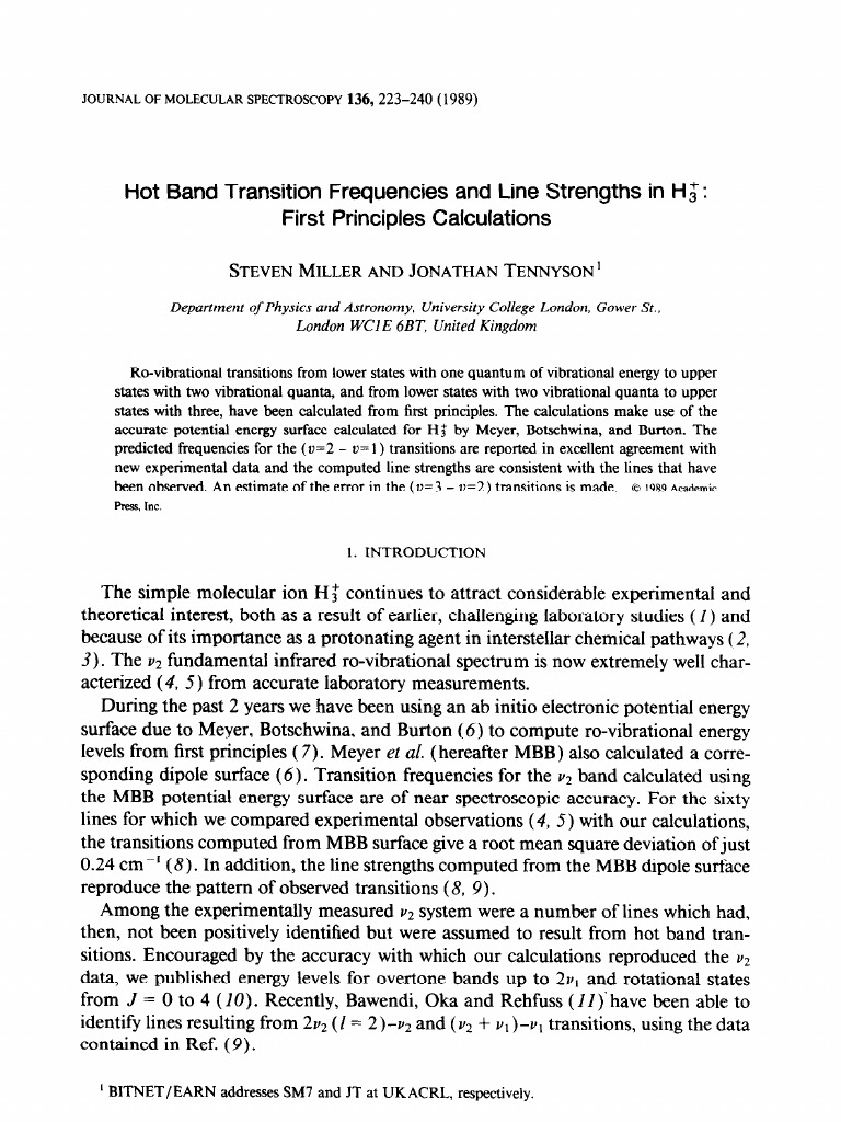 Steven Miller and Jonathan Tennyson - Hot Band Transition Frequencies ...