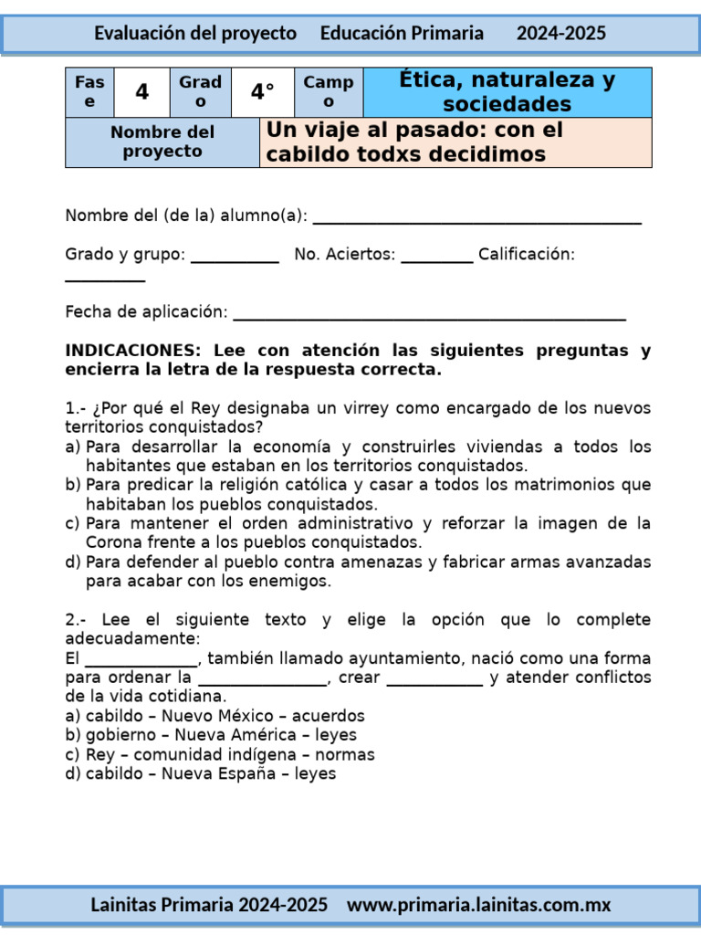 4to Grado Noviembre - Examen 06 Un Viaje Al Pasado Con El Cabildo Todxs ...