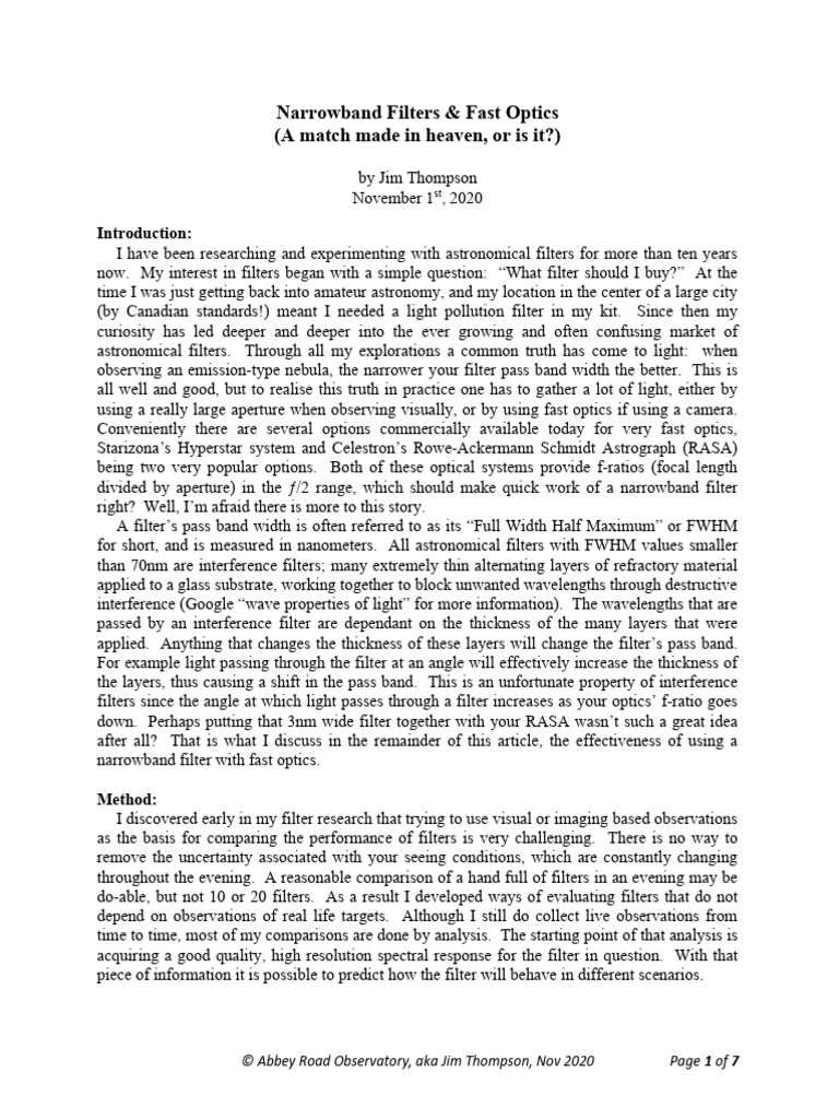 Narrowband Filters with Fast Optics | PDF | Optical Filter | Contrast ...