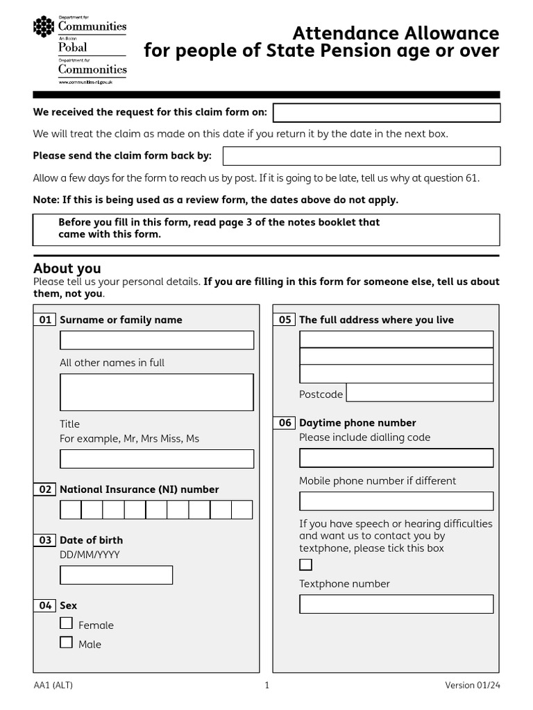 AA1 Attendance Allowance Claim Form 1 | PDF | Hygiene | Anti Social ...