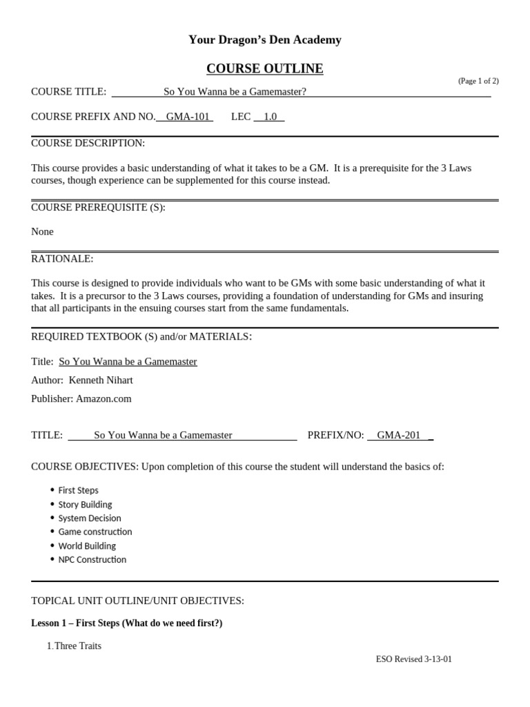 GMA-101 Course Outline | PDF | Role Playing Games | Tabletop Games