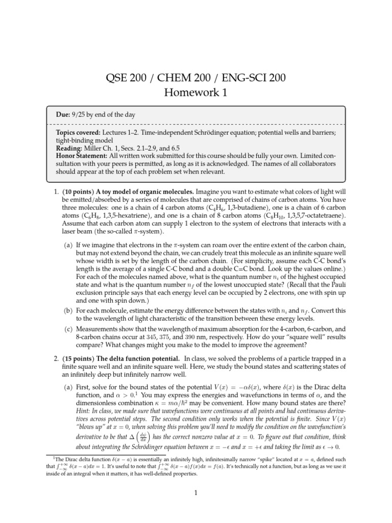 2023 QSE 200 CHEM 200 ENG SCI 200 Homework 1 | PDF | Wave Function | Matrix (Mathematics)