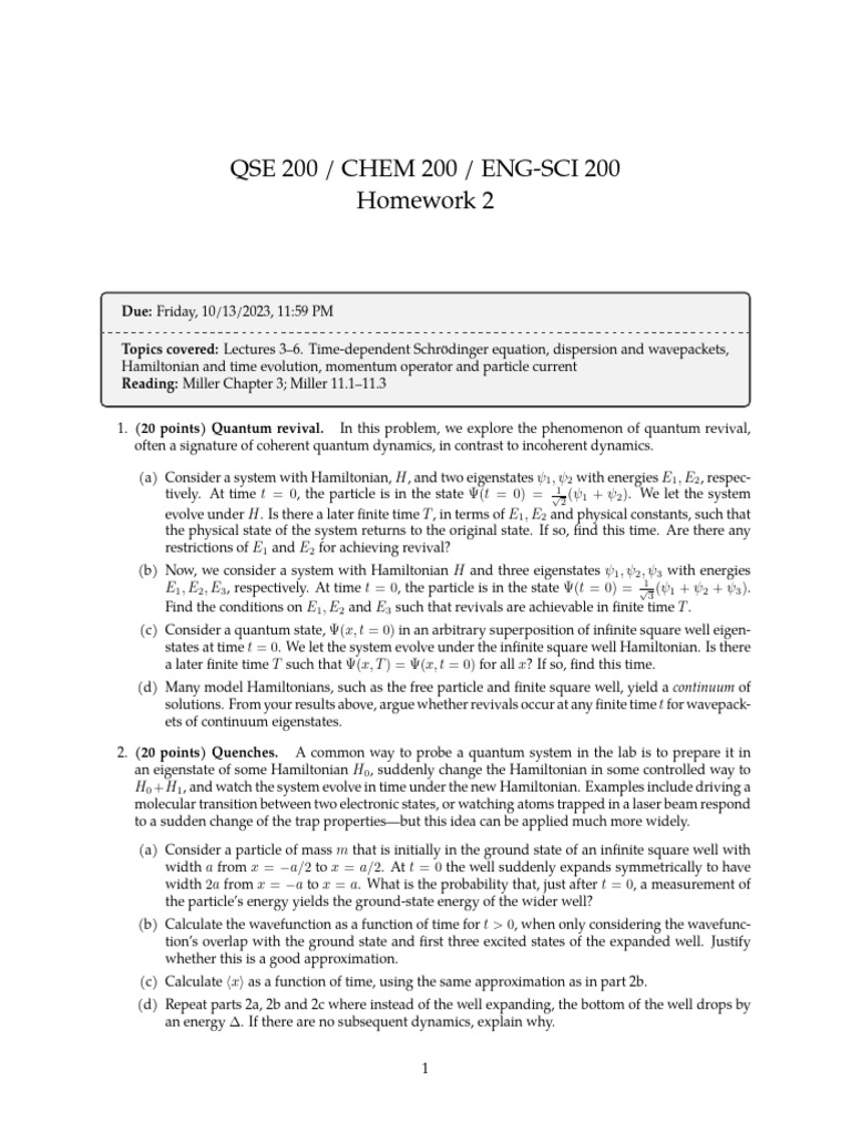 2023_QSE_200___CHEM_200___ENG_SCI_200_Homework_2 | PDF | Hamiltonian (Quantum Mechanics) | Wave ...