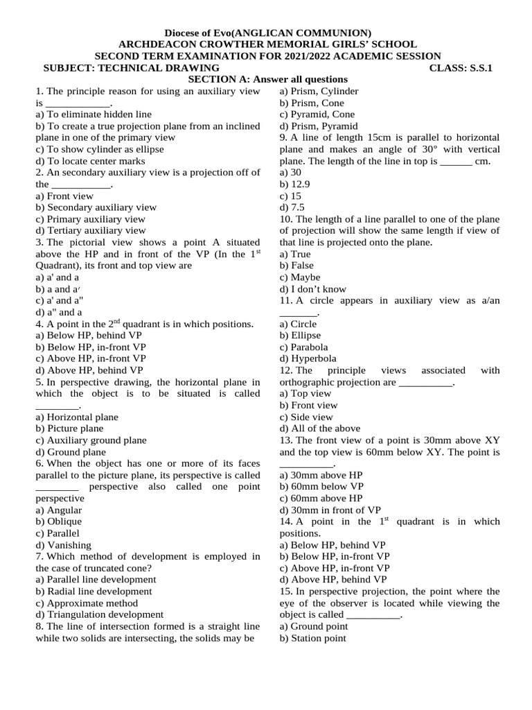 2022 SS2 TD Second Term Examination | PDF | Perspective (Graphical) | Angle