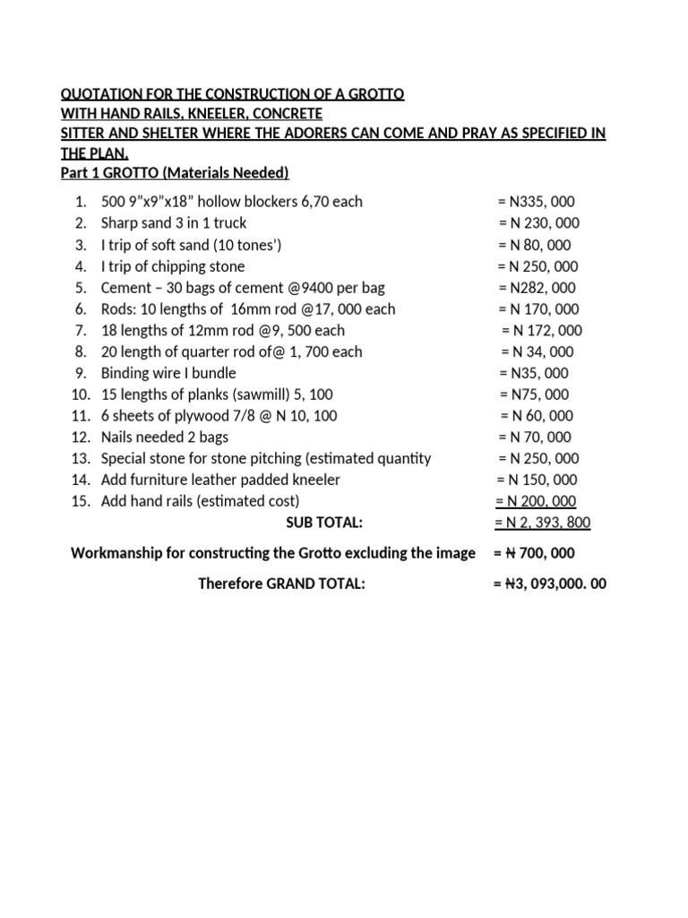 Grotto Construction Quotation | PDF | Building Materials | Building ...