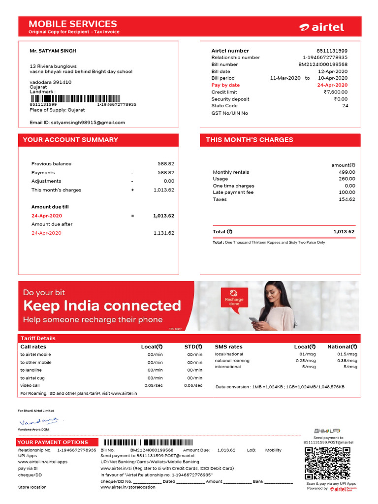 Airtel Bill | PDF | Payments | Cheque