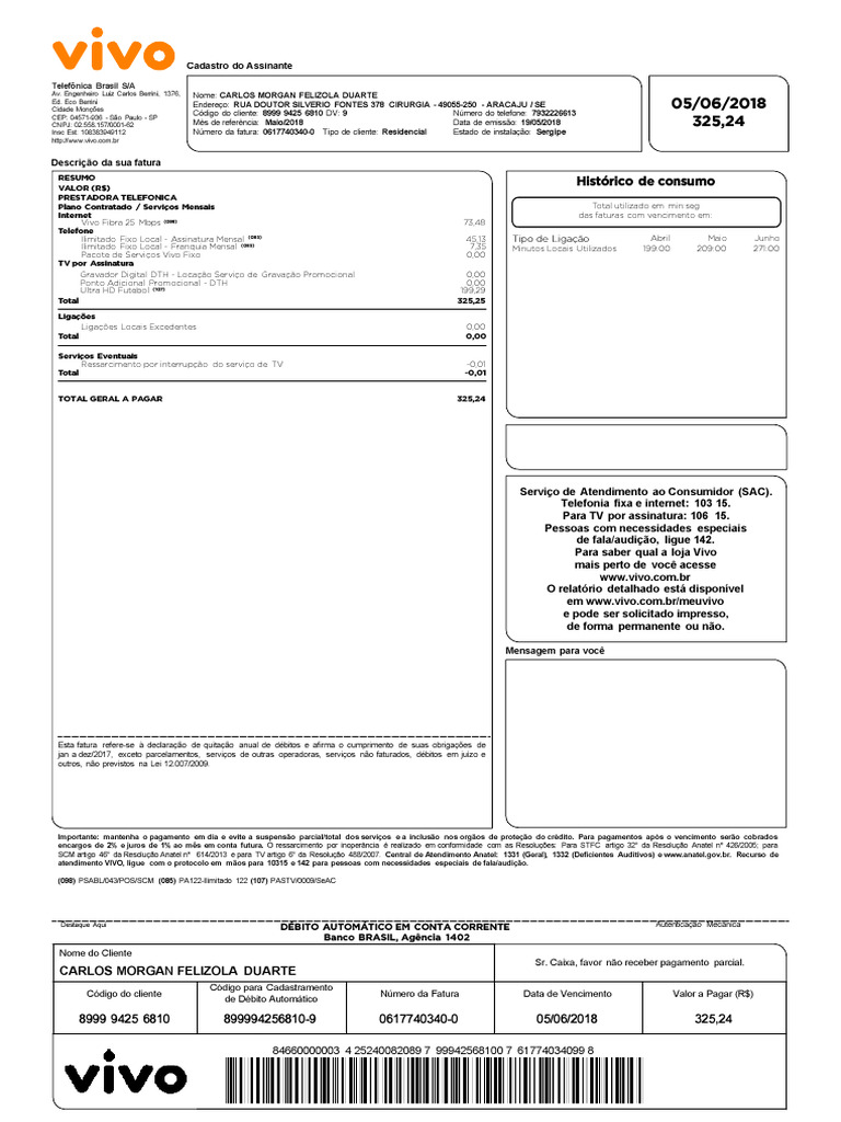 Vivo Fatura Segunda Via | PDF | Televisão por assinatura | Telecomunicações