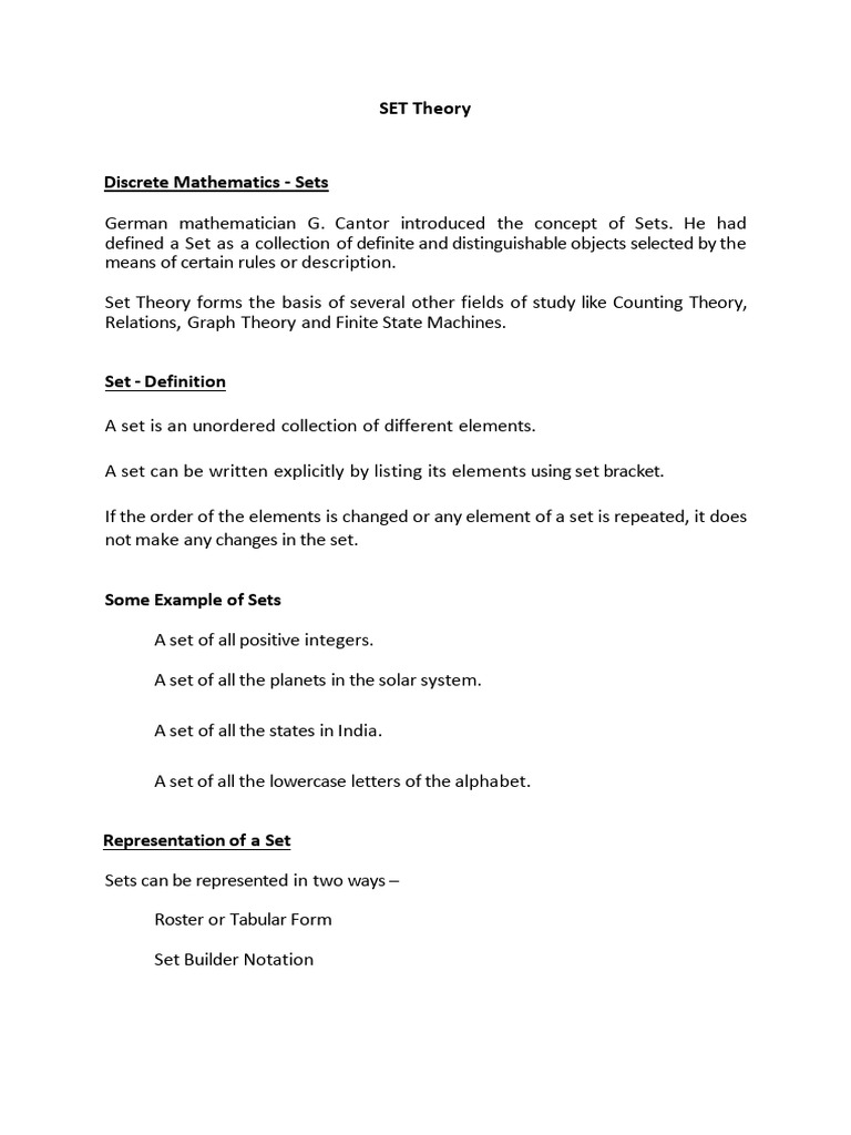 Unit 1 - Set Theory, Types of Sets, Set Operations | PDF | Set ...