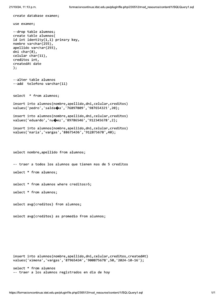 Formacioncontinua.idat.Edu.pe Pluginfil...2 Mod Resource Content 1 SQLQuery1.SQL | PDF