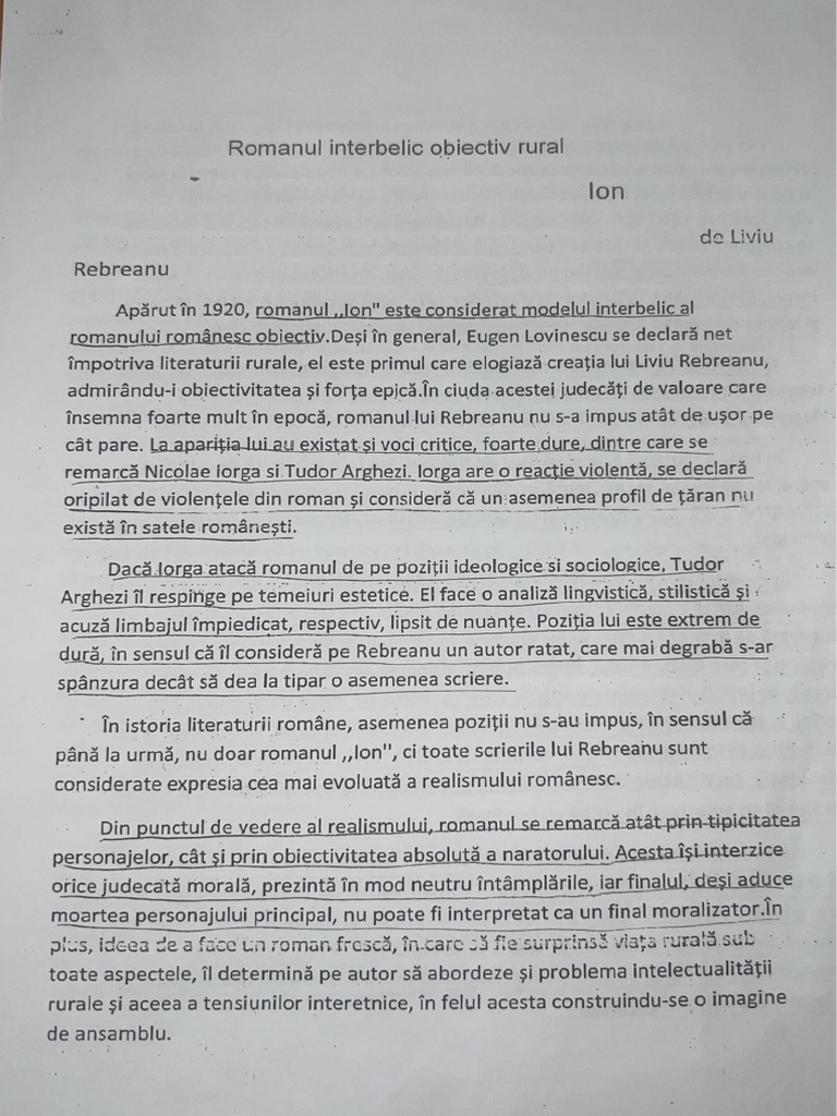 ROMANUL INTERBELIC OBIECTIV RURAL ION de Liviu Rebreanu | PDF