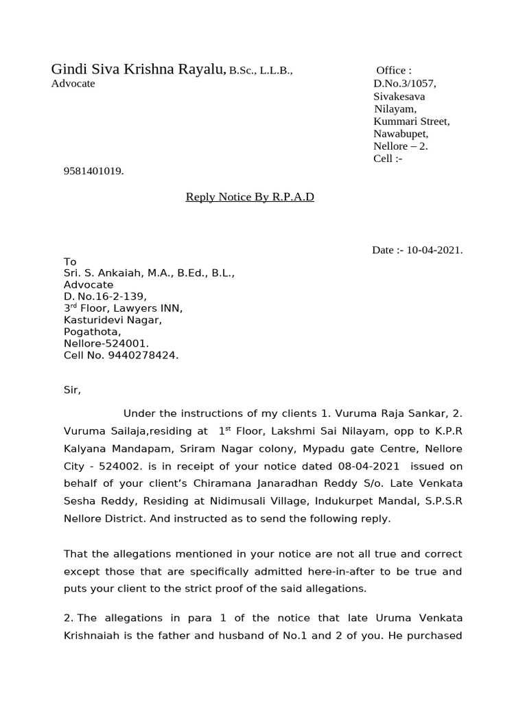 Ankaiah Advocate Reply Notice | PDF