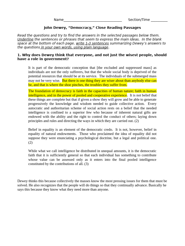 Dewey close reading passages finished | PDF | Democracy | Political ...