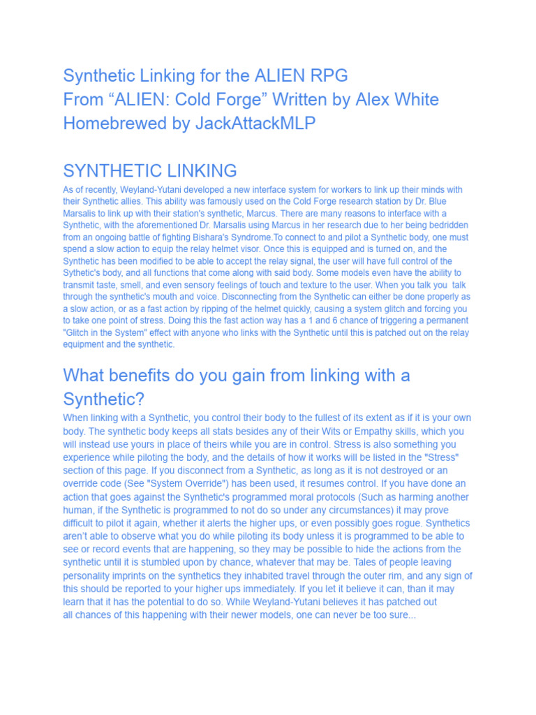 Synthetic Linking ALIEN RPG V3 | PDF