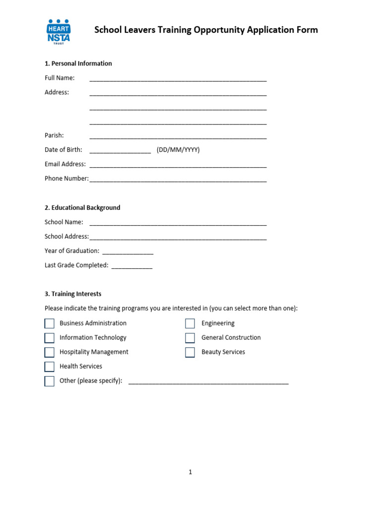 School Leavers Training Opportunity Application Form | PDF