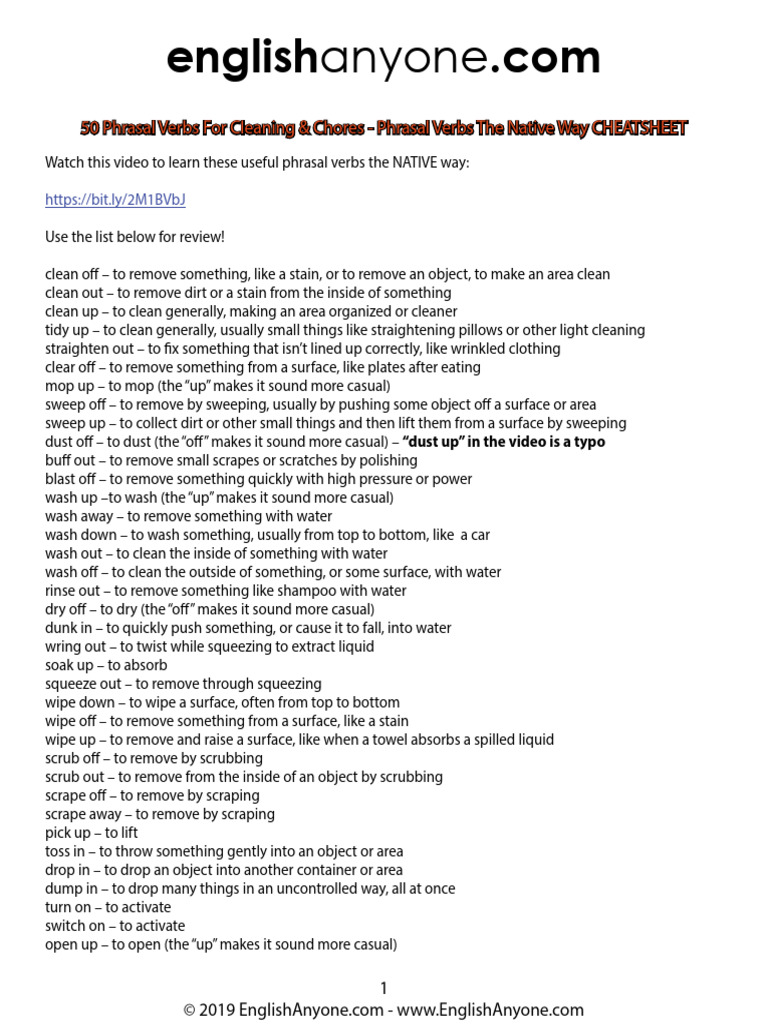 50 Phrasal Verbs For Cleaning Chores CHEATSHEET PDF | PDF