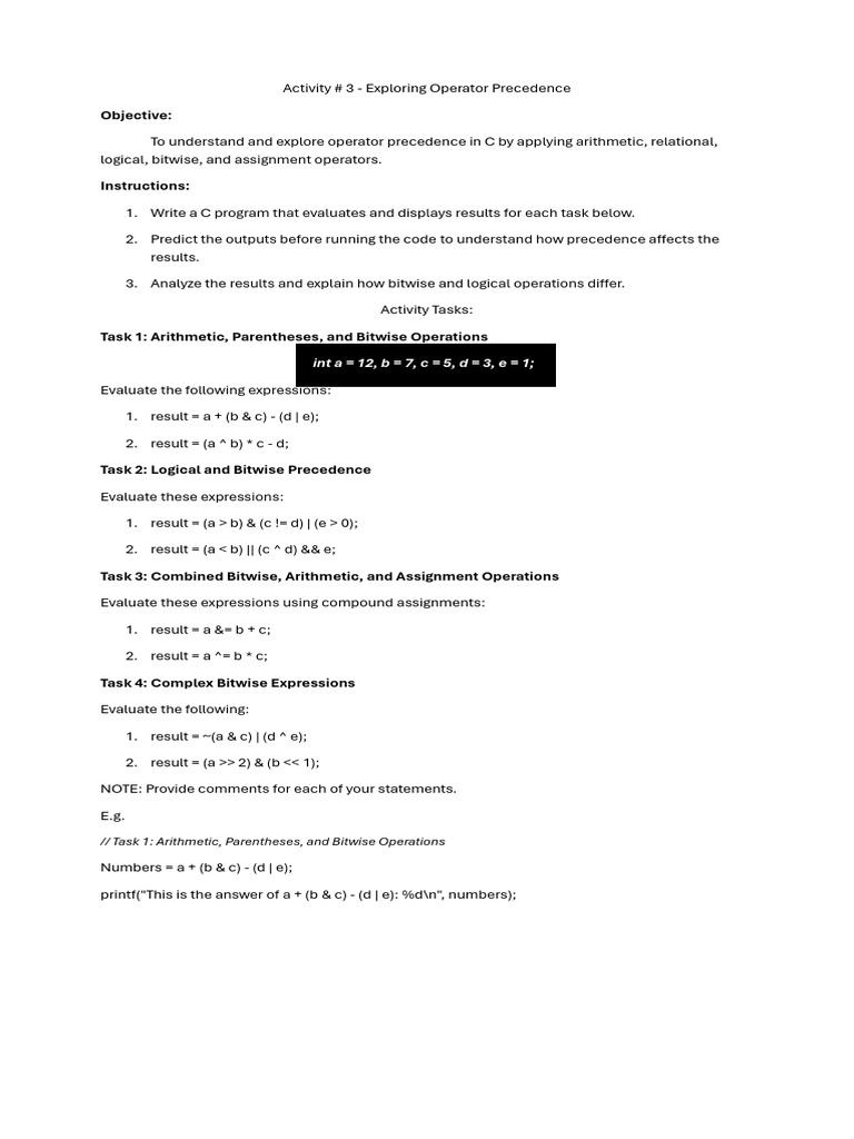 Activity 3 Exploring Operator Precedence | PDF