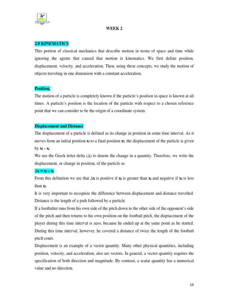 Lecture Note Phy 101 Week 1 Pdf Velocity Acceleration