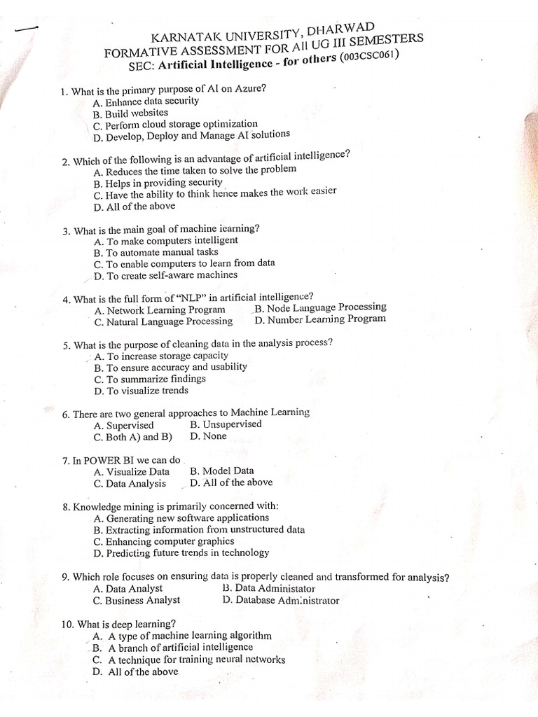 AI Formative Assesment Question Paper | PDF