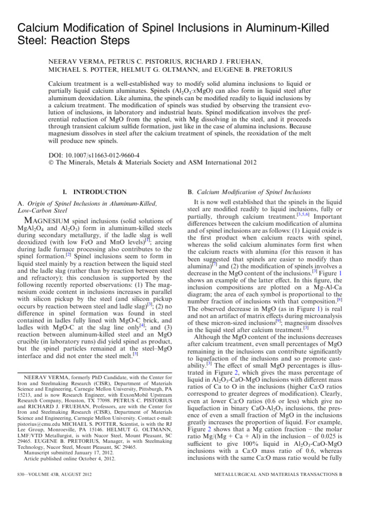 Calcium Modification of Spinel Inclusions in Aluminum-Killed | PDF ...