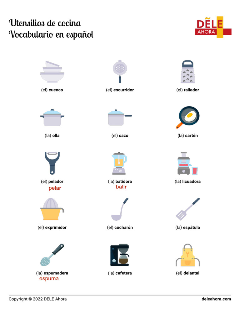 Utensilios de Cocina Vocabulario en Espanol Imprimible | PDF