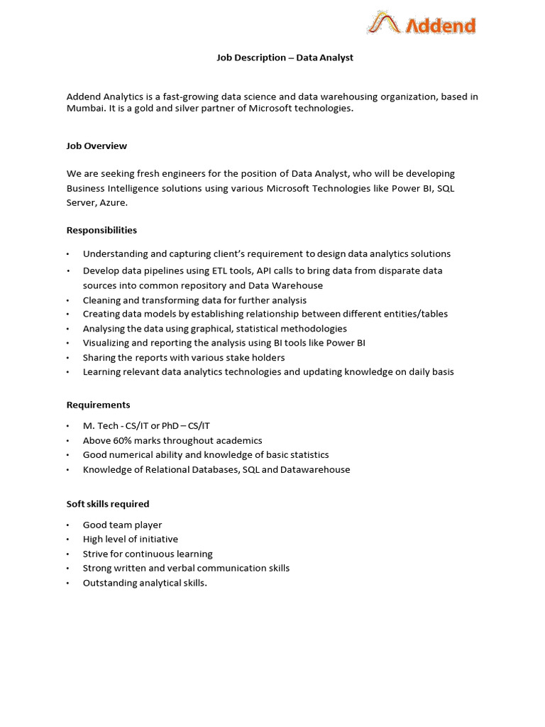 Job Description - Data Analyst - FTE - Y5 - M.Tech and PHD | PDF