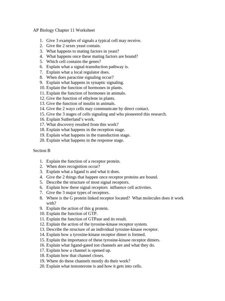 AP Biology Chapter 11 Worksheet | PDF | Signal Transduction | Cell ...