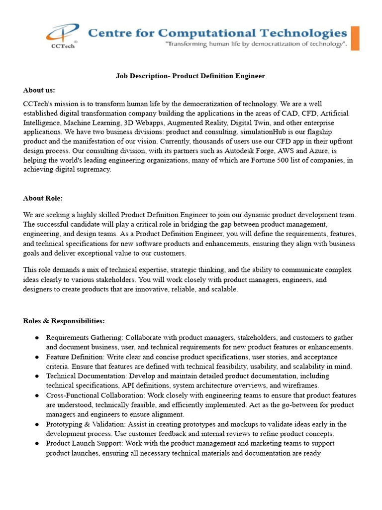 Job Description - Product Definition Engineer | PDF | New Product ...