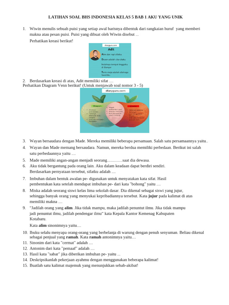 Latihan Soal Bhs Indonesia Kelas 5 Bab 1 Aku Yang Unik | PDF