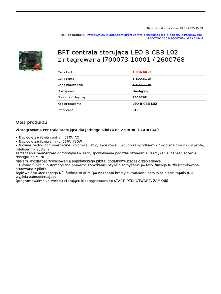 BFT Centrala Sterujaca Leo B CBB l02 Zintegrowana I700073 10001 2600768 ...