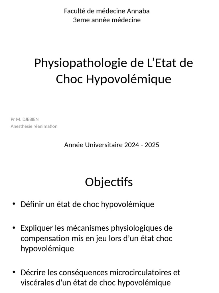 Physiopathologie Etat de Choc Hypovolémique 2 - Copie | PDF | État de choc circulatoire | Saignement