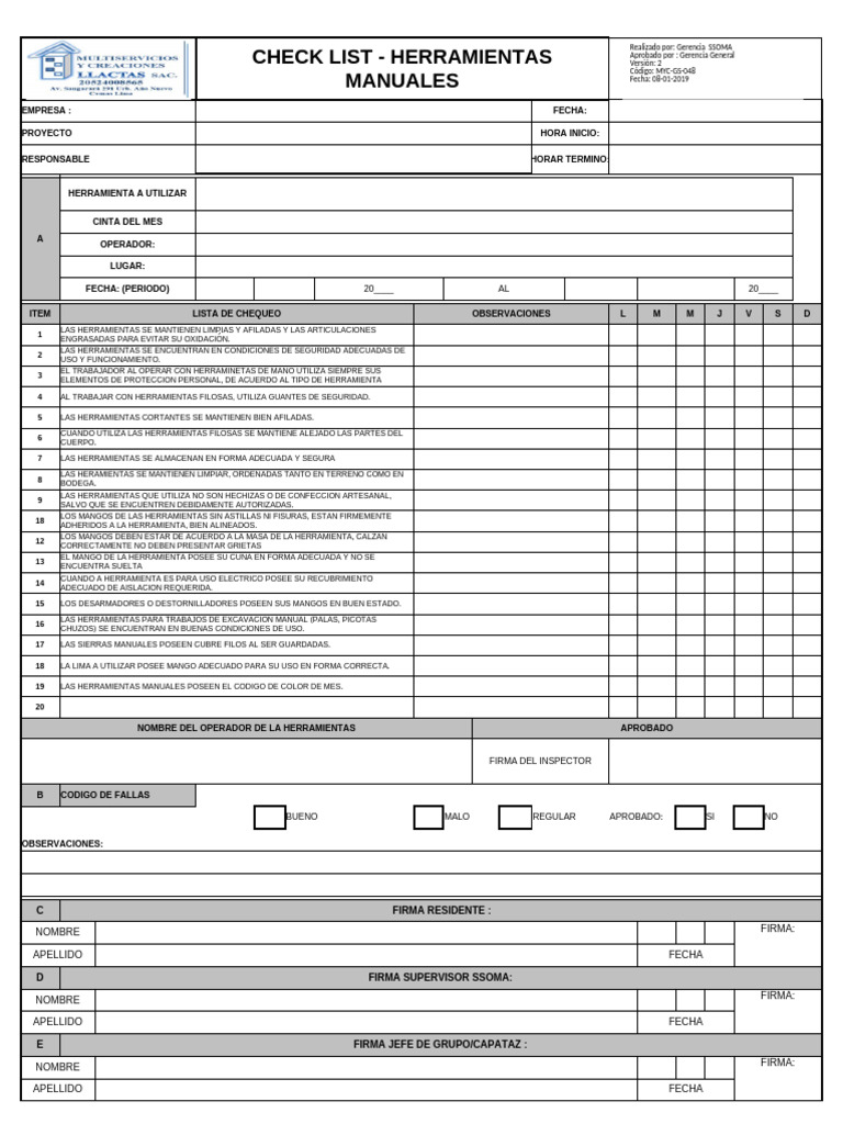 Checklist de Seguridad para Herramientas Manuales | PDF