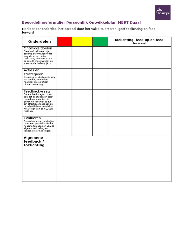 Beoordelingsformulier Persoonlijk Ontwikkelplan | PDF