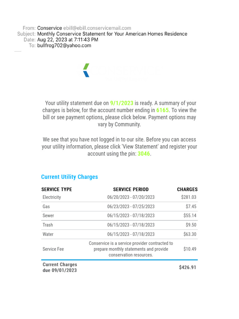 Monthly Conservice Statement For Your American Homes Residence | PDF